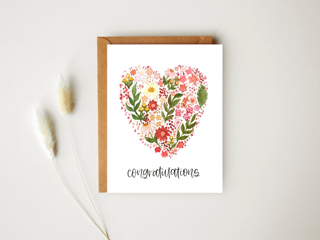 Watercolor Flower Heart Congratulations Card: Handmade Greeting - Etsy