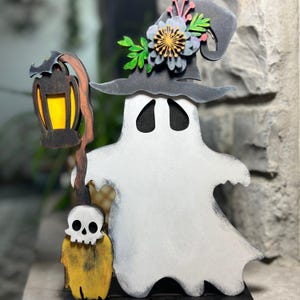 Ghost With Broomstick and Lantern, 3D Unfinished MDF Halloween Craft ...