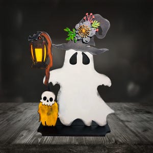 Ghost With Broomstick and Lantern, 3D Unfinished MDF Halloween Craft ...