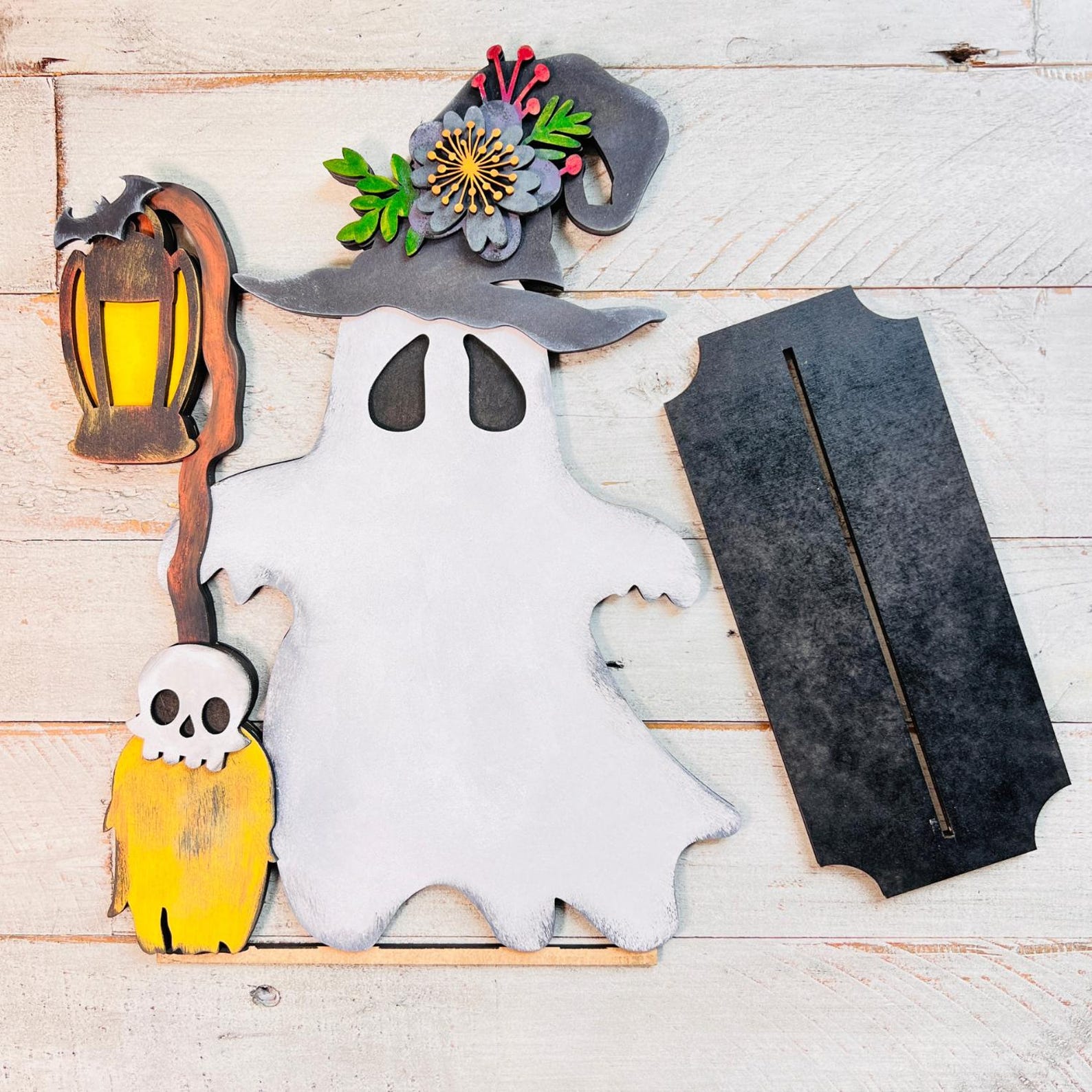 Ghost With Broomstick and Lantern, 3D Unfinished MDF Halloween Craft ...