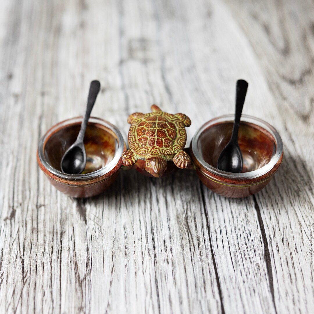 Metal Turtle Salt Spice Cellar With Two Wells Tiny Spoons Glass Bowls ...