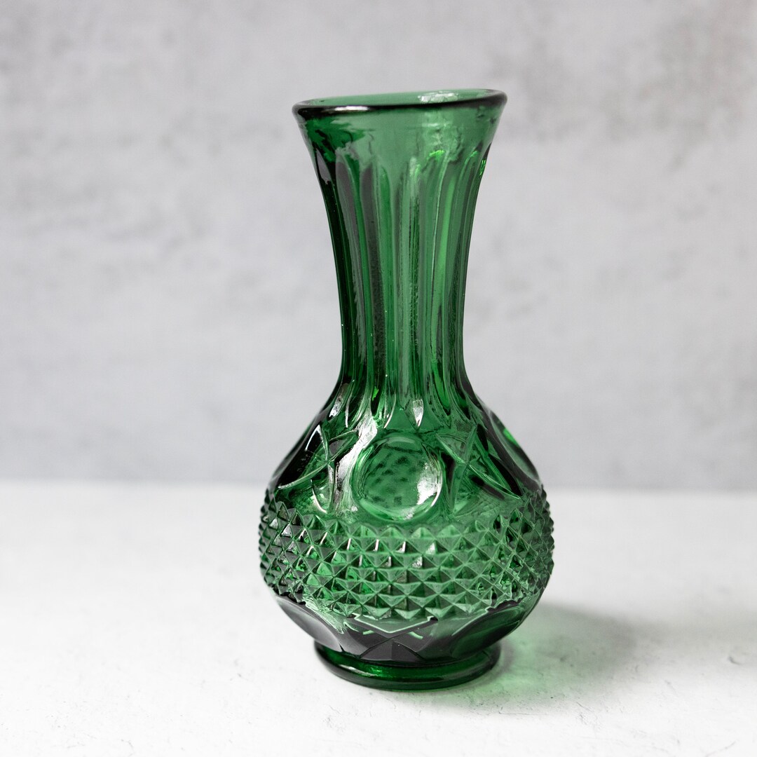 Vintage Green Coin Diamond Glass Bud Vase Ewer Made in Italy - Etsy