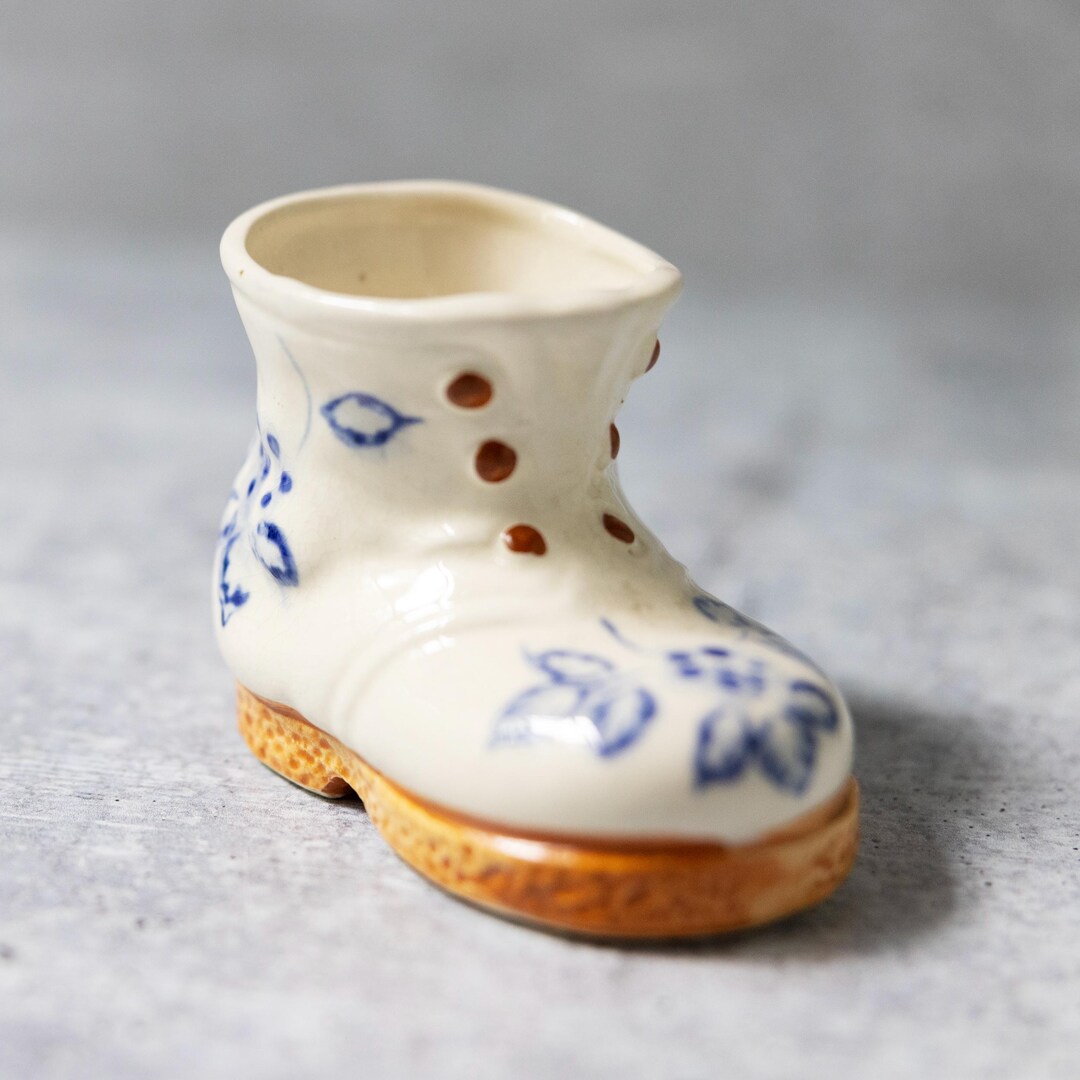 Vintage Blue Brown Floral Shoe Boot Vase Planter Pottery Ceramic Pico ...