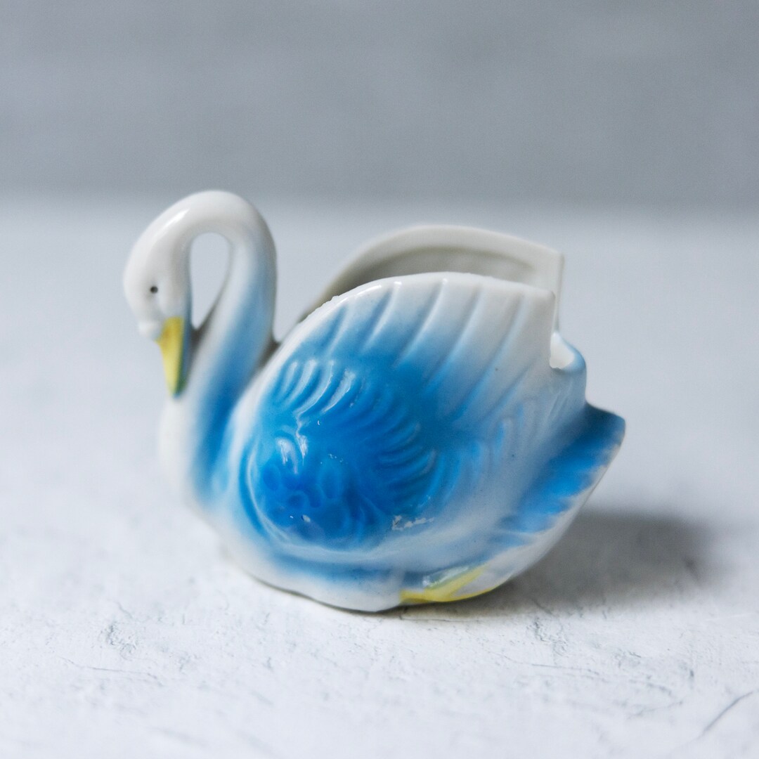 Vintage Blue White Japan Swan Figurine Toothpick Holder Small Planter ...