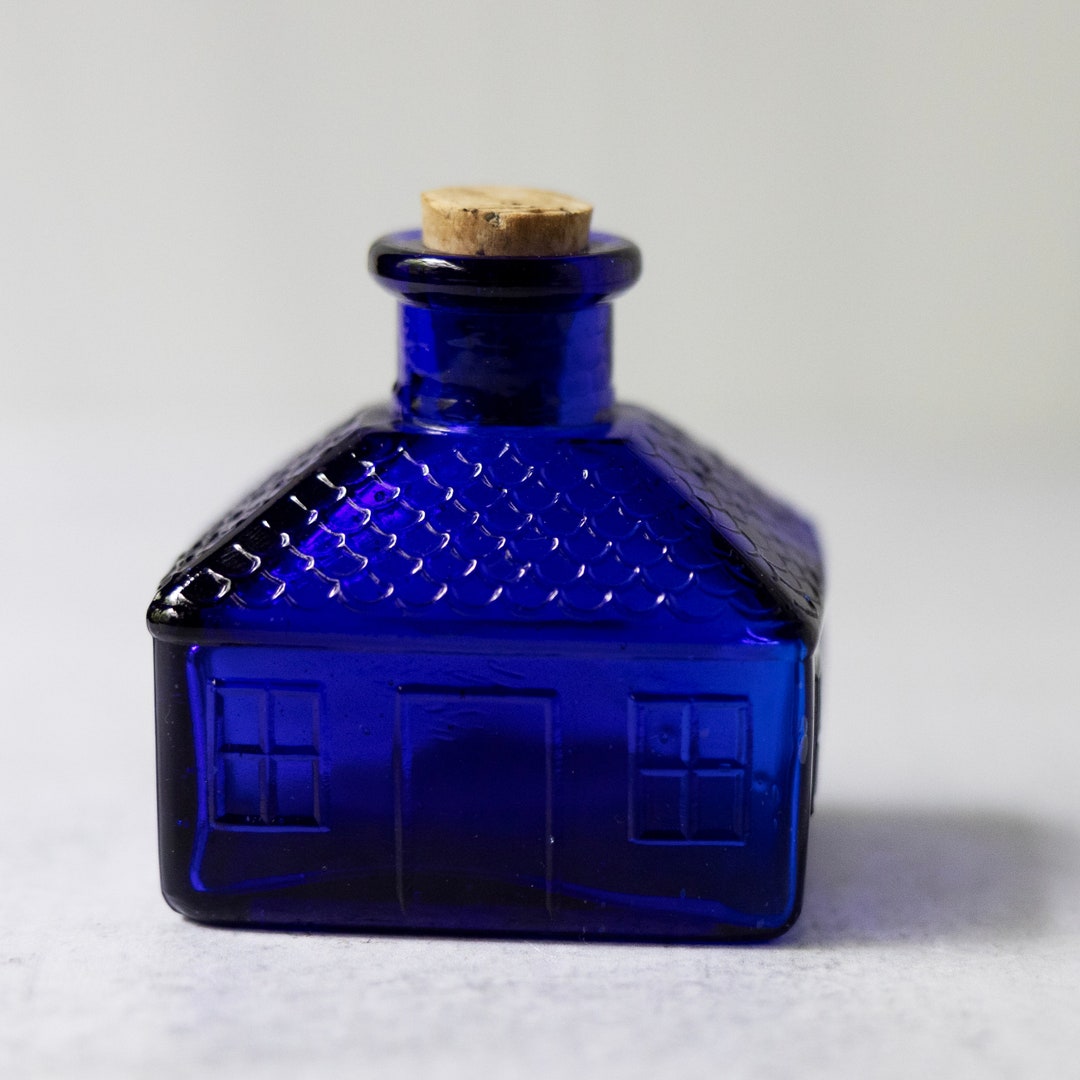 Vintage Japan Cobalt Blue Glass Bottle With Cork Inkwell Ink Well ...