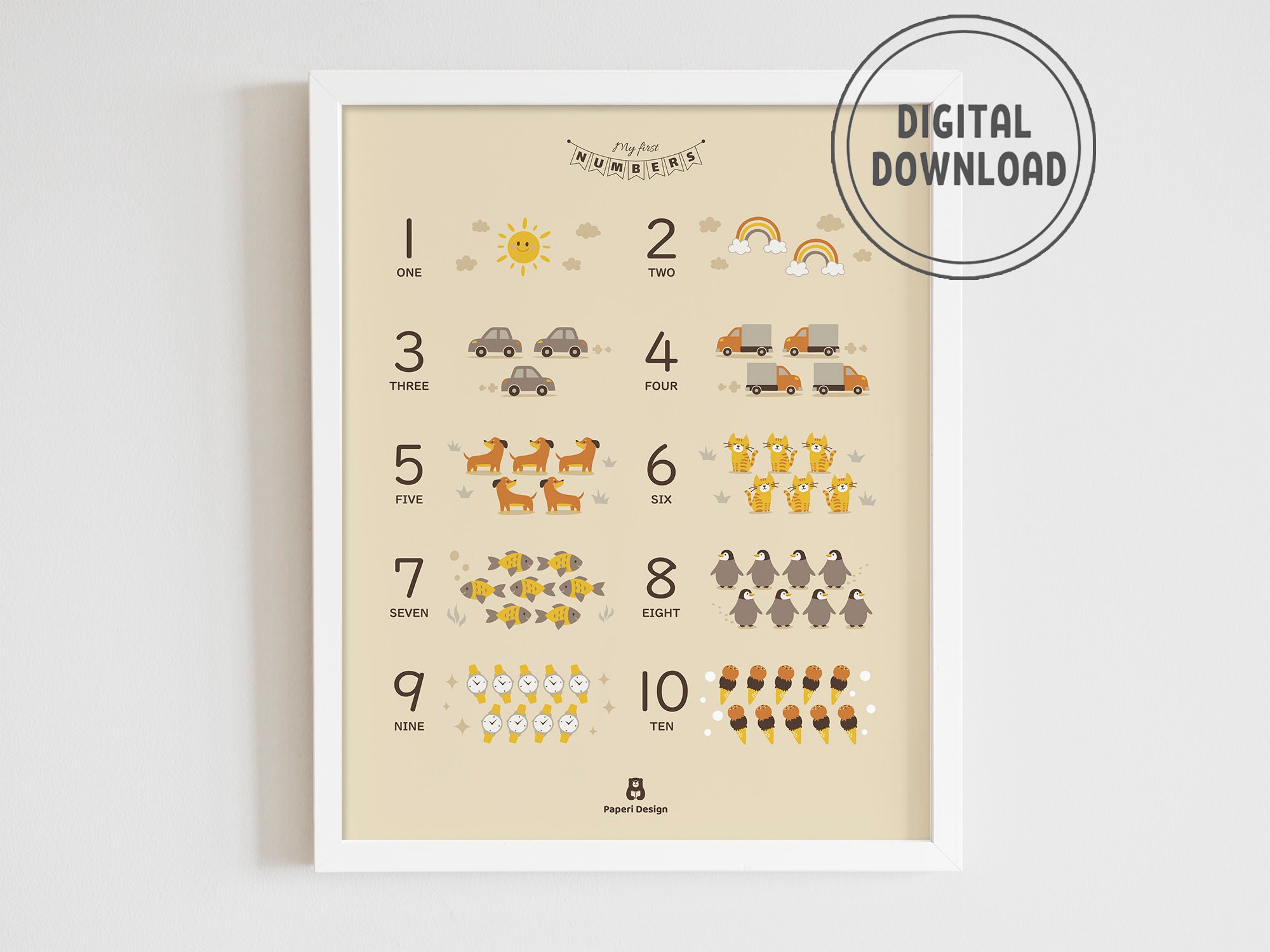 Numbers Chart Beige, PRINTABLE Educational Print, Maths Poster ...
