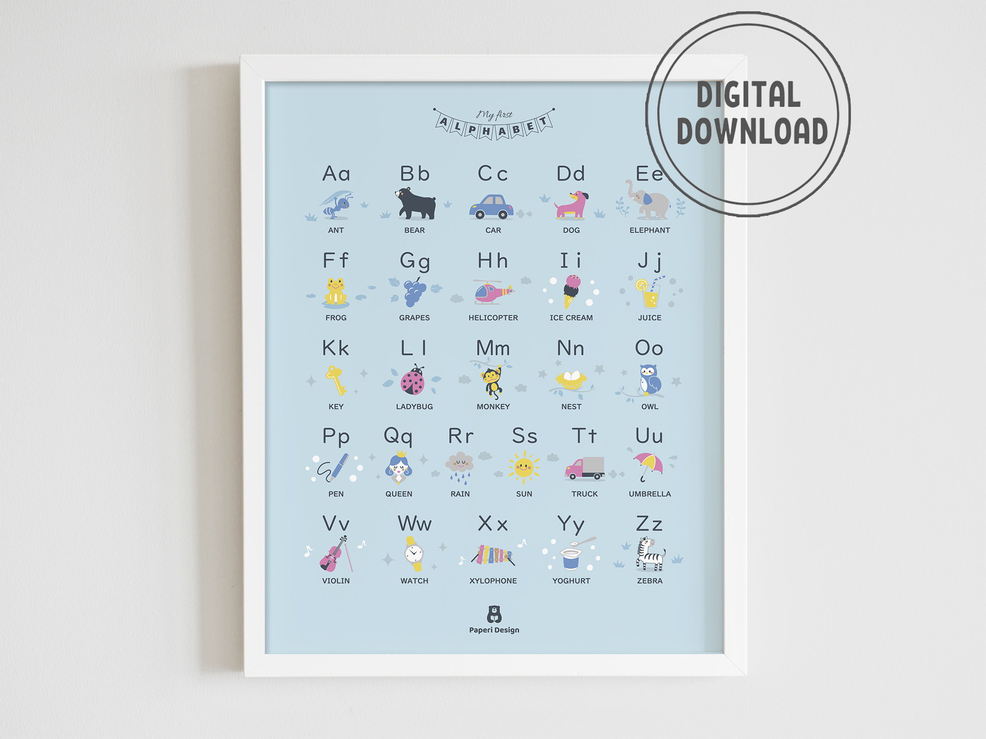 Alphabet Chart Blue, PRINTABLE Educational Poster, DIGITAL DOWNLOAD ...