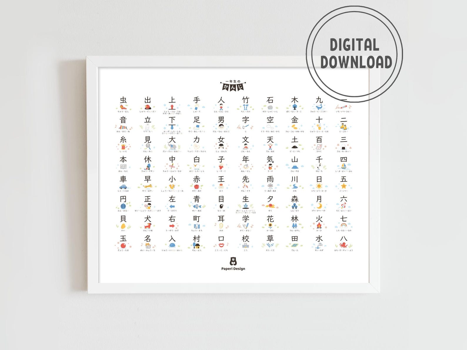 Japanese Kanji Chart for Grade 1 Chart, PRINTABLE Educational Japanese ...