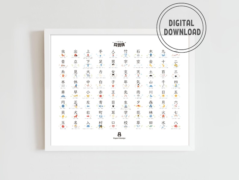 Japanese Kanji Chart for Grade 1 Chart, PRINTABLE Educational Japanese ...