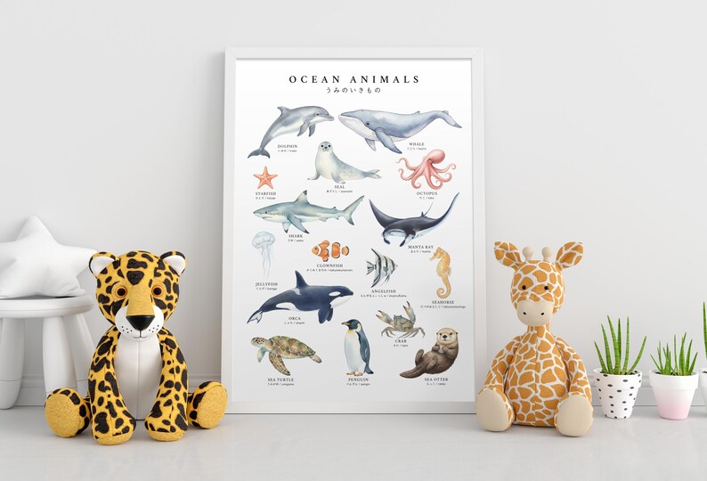 Japanese English Ocean Animals Poster | Sea Life Wall Art | Bilingual ...