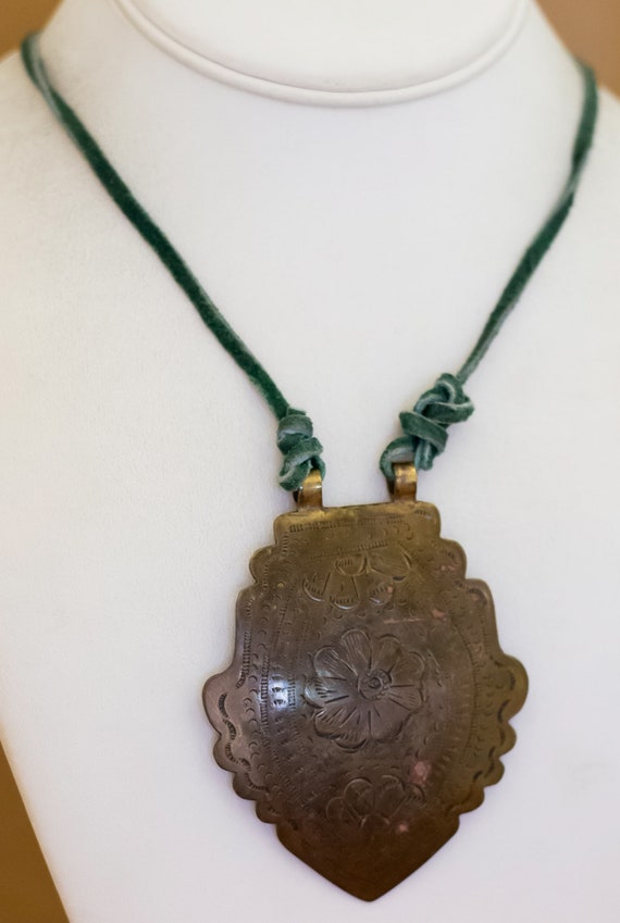 30 inch, Vintage Copper Abstract Pendant Green Leathe… - Gem