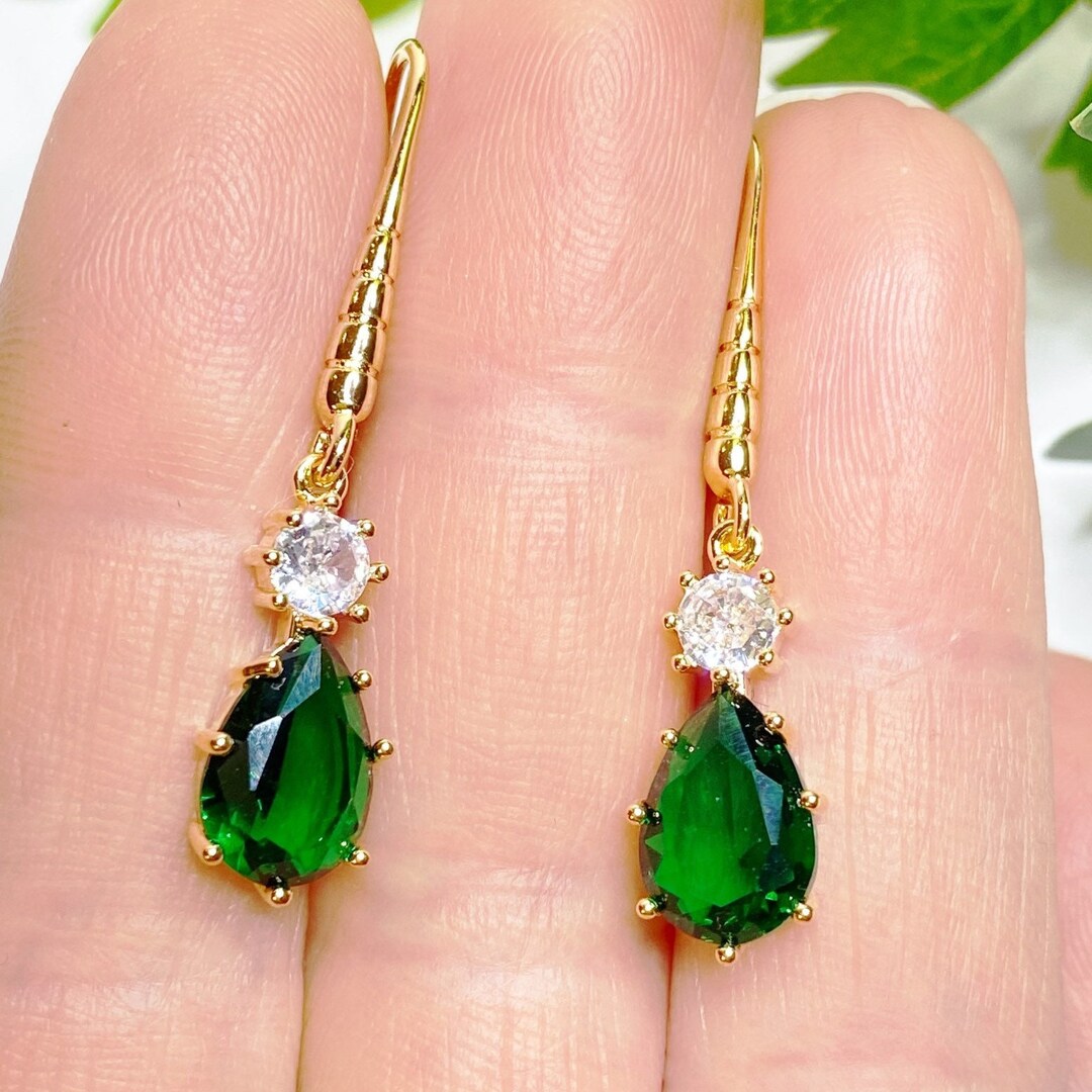 Emerald Green Drop Earrings, Gold Plated Hooks, Crystal Dangle Earrings ...