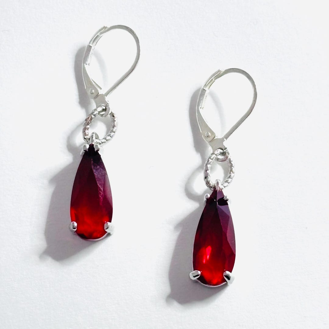 Red Earrings for Christmas Party, Long Red Glass Drop, Sterling Silver ...