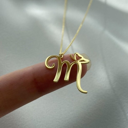 14k Gold Initial Necklace With Butterfly Initial Necklace - Etsy