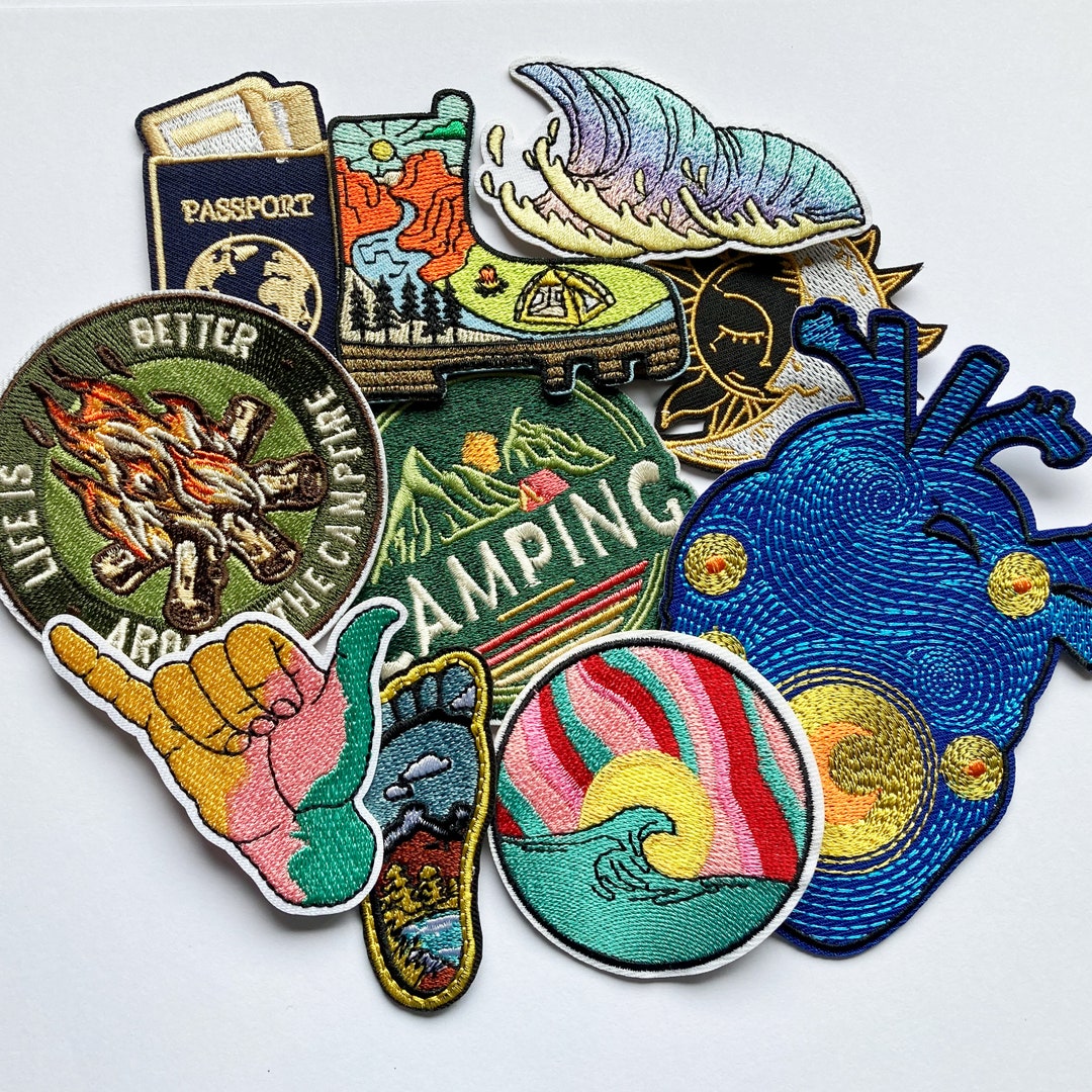 Iron on Patches - Camping, Outdoors, Surfing, Travel, Embroidered Sew ...
