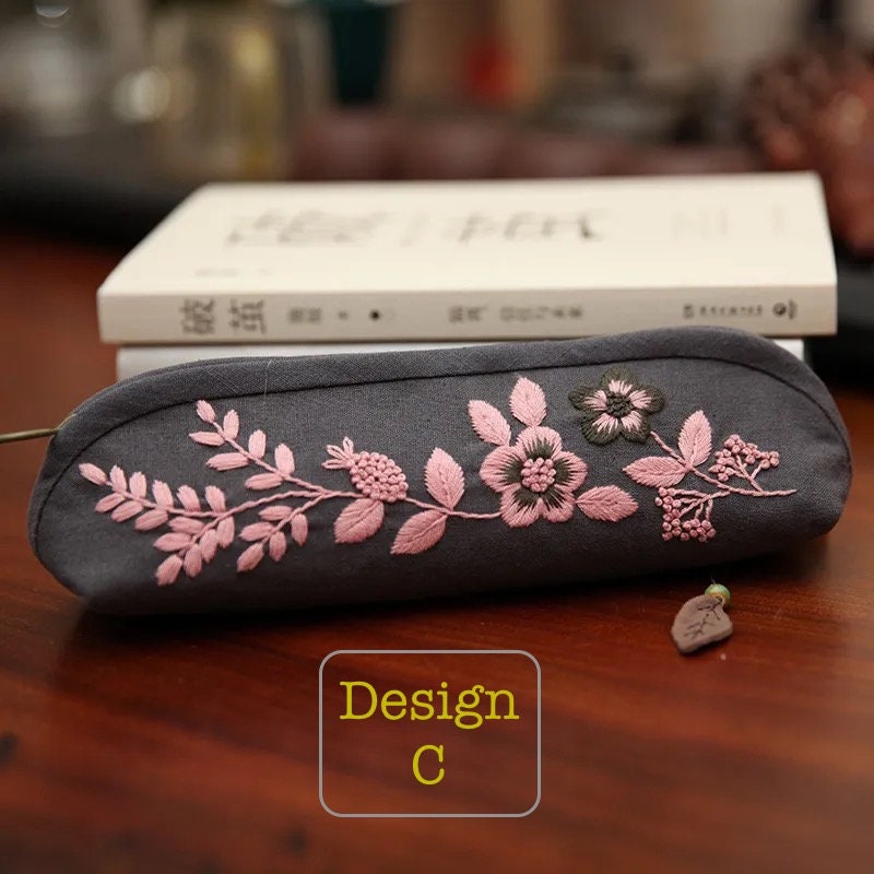 Floral Embroidery Kit, Pencil Case, Make up Bag, Sewing, Complete Kit ...