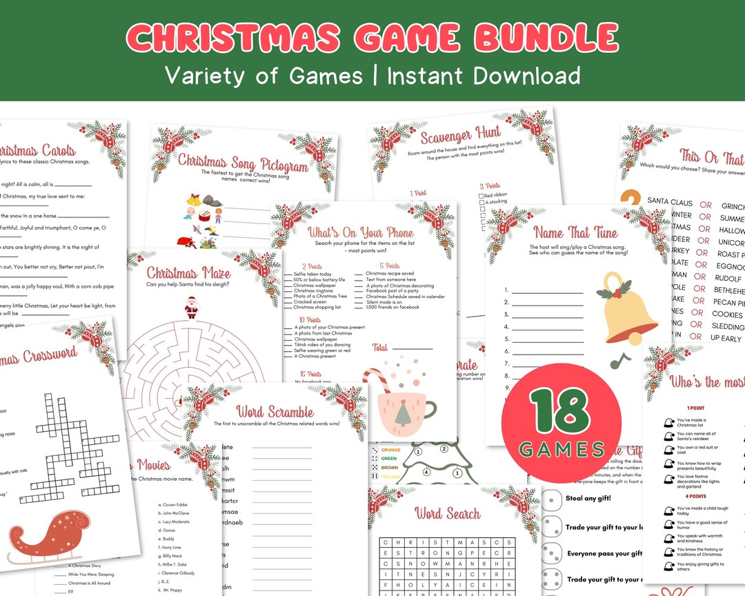 Printable Christmas Game Bundle, Festive Holiday Party Activities (PDF ...