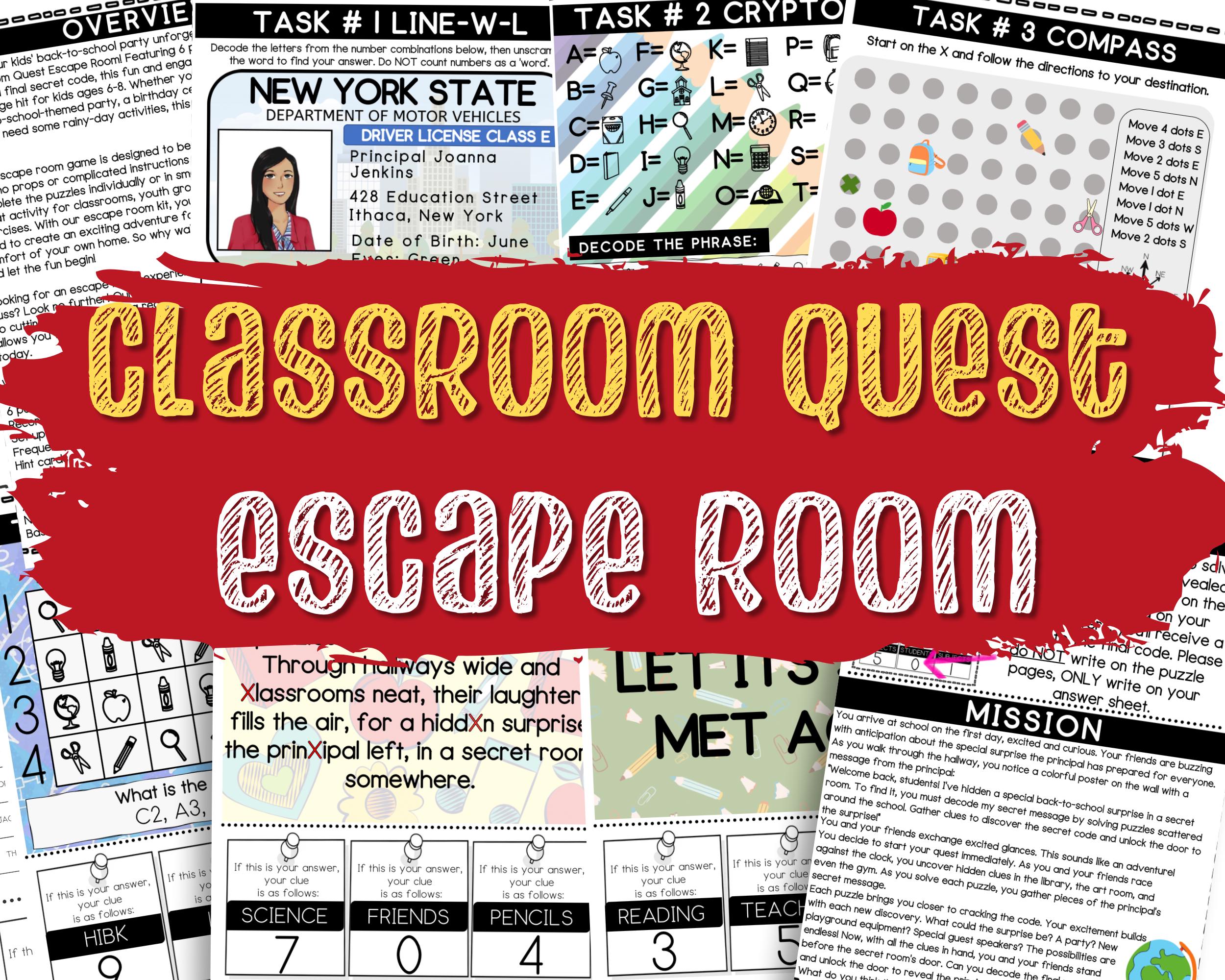 Back to School Adventure Escape Room, Printable Escape Room Kit ...