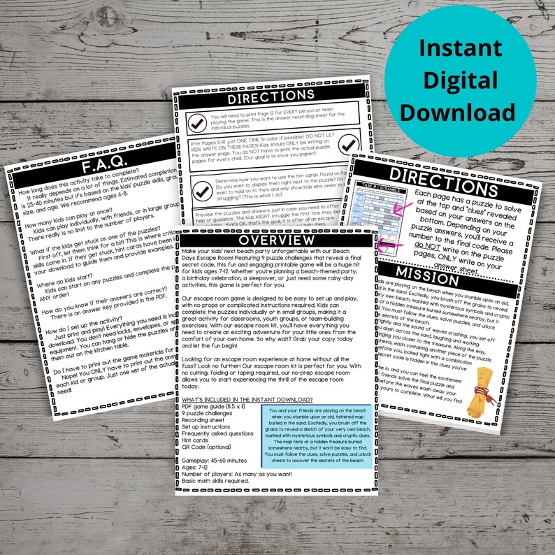 Printable Beach Adventure Escape Room Kit, Kids Family Game (instant ...