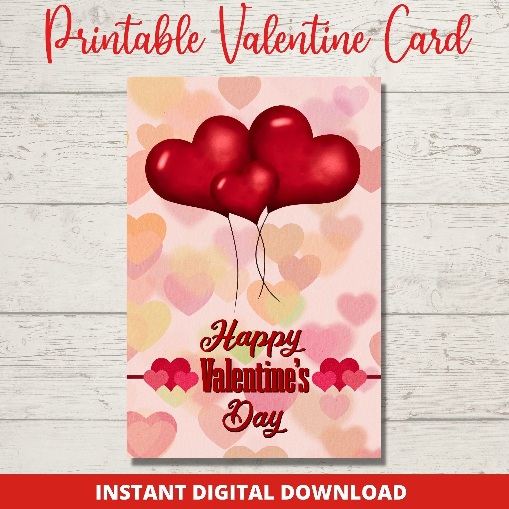 Printable Valentine's Day Card, Balloon Hearts, Digital Download, 4x6 ...