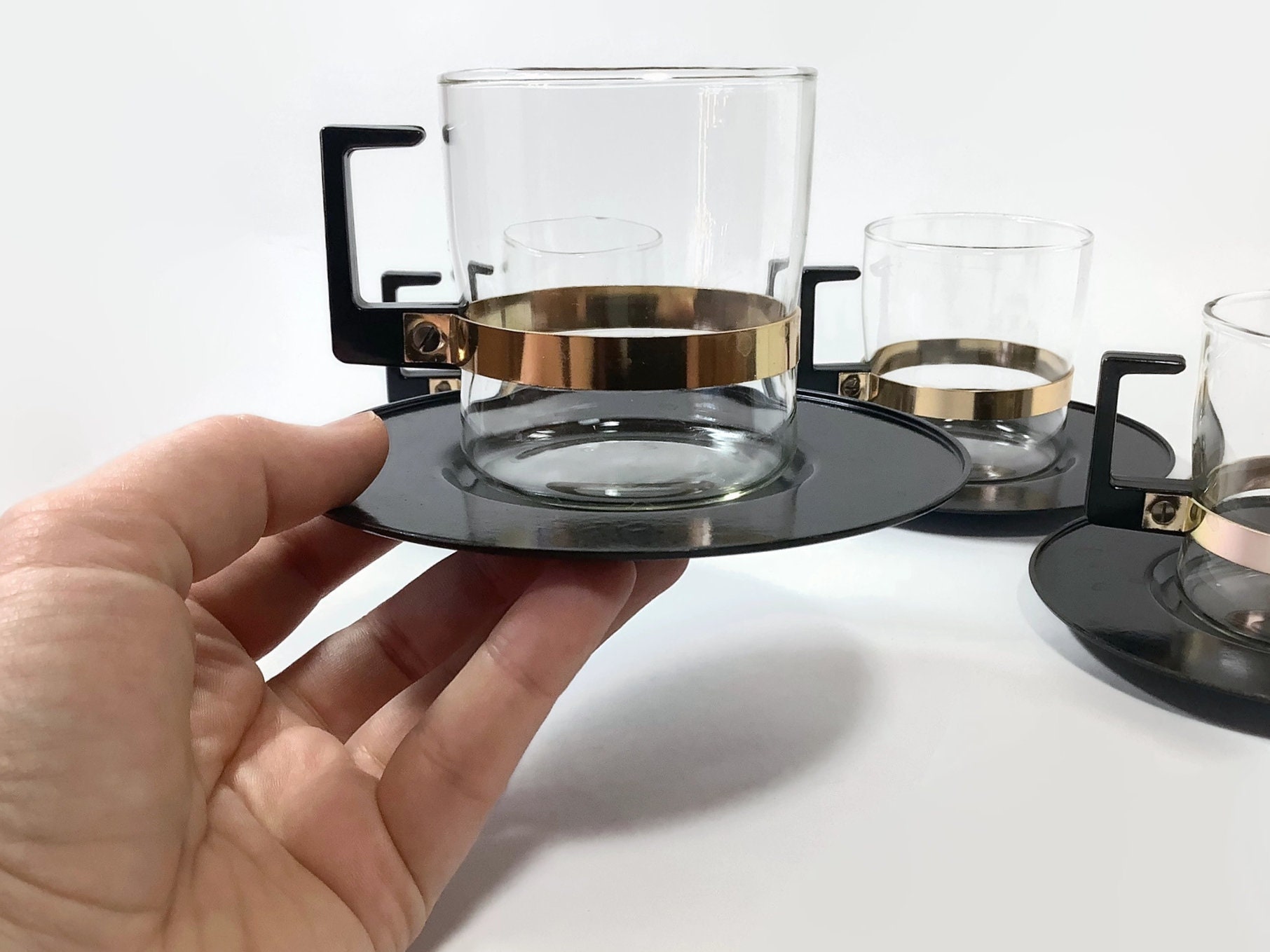 Vintage Glassware Turkish Tea Set With Aluminum Holders and Plastic ...