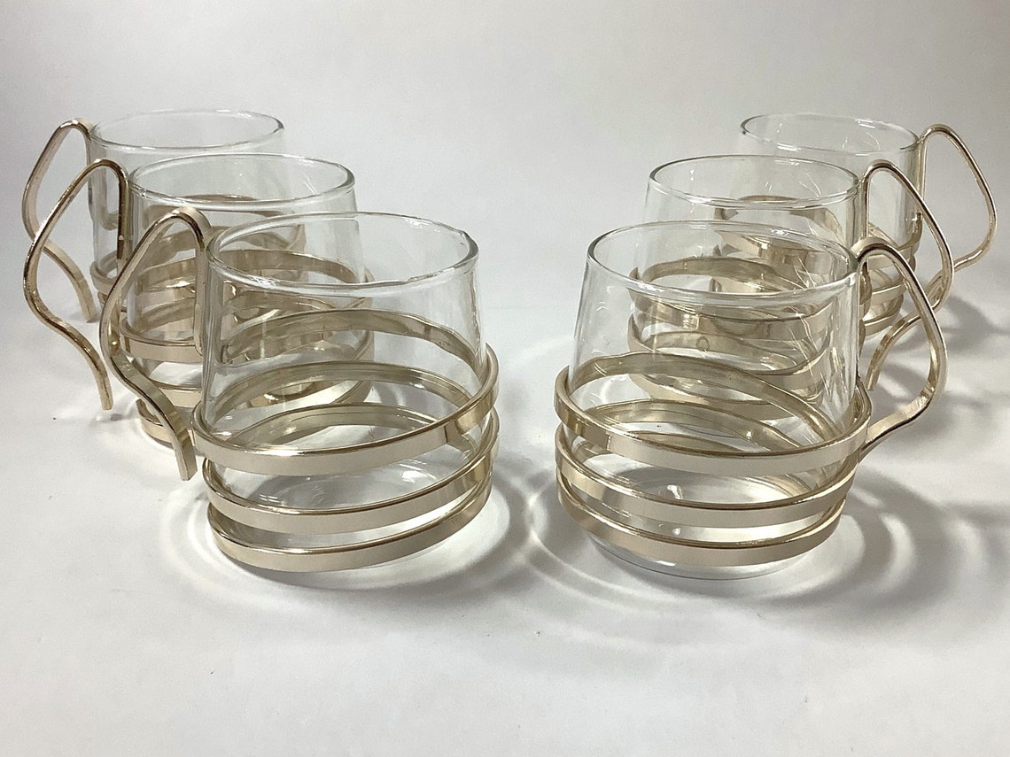 Vintage glassware Turkish tea set with aluminum holders | Etsy