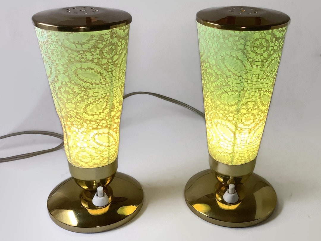 Pair of Antique Bedside Brass Lamps Ornamented With Embroidered Lace ...
