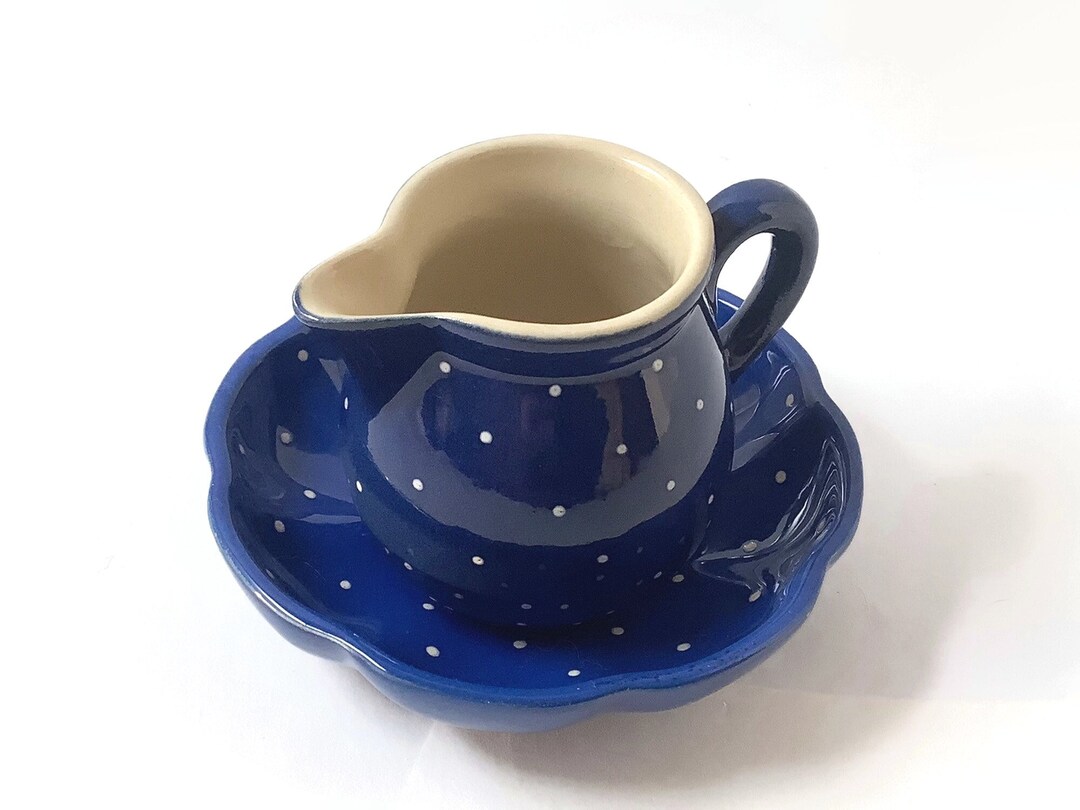 Vintage Ceramic Milk and Creamer Pitcher in Dark Blue and White Polka ...
