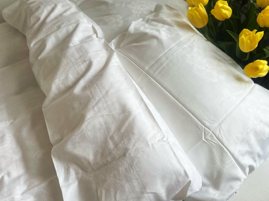 Vintage German Damask Bedding Set of 2 - Floral Ornaments, Natural ...