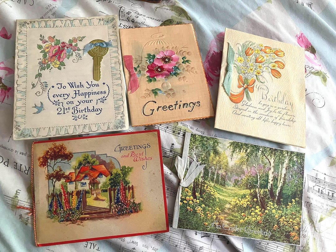 5 X Vintage Art Deco GREETINGS CARDS 1930s Hand Painted; Tulips ...