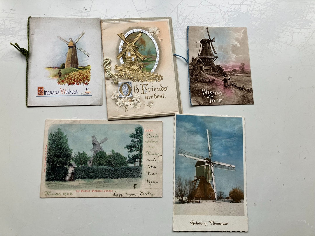 5 X Vintage WINDMILL Greetings Cards Postcards Edwardian Gold Embossed ...
