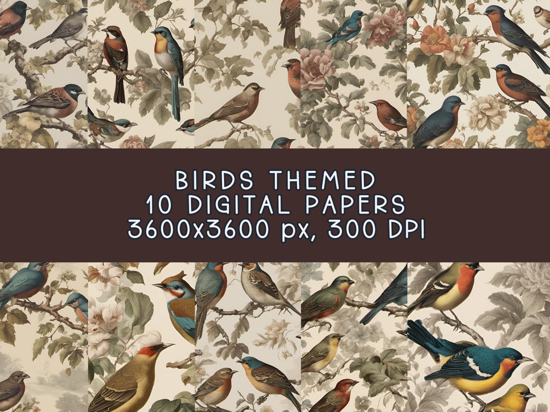 Vintage Birds Digital Paper Printable Digital Paper Set Birds-themed ...