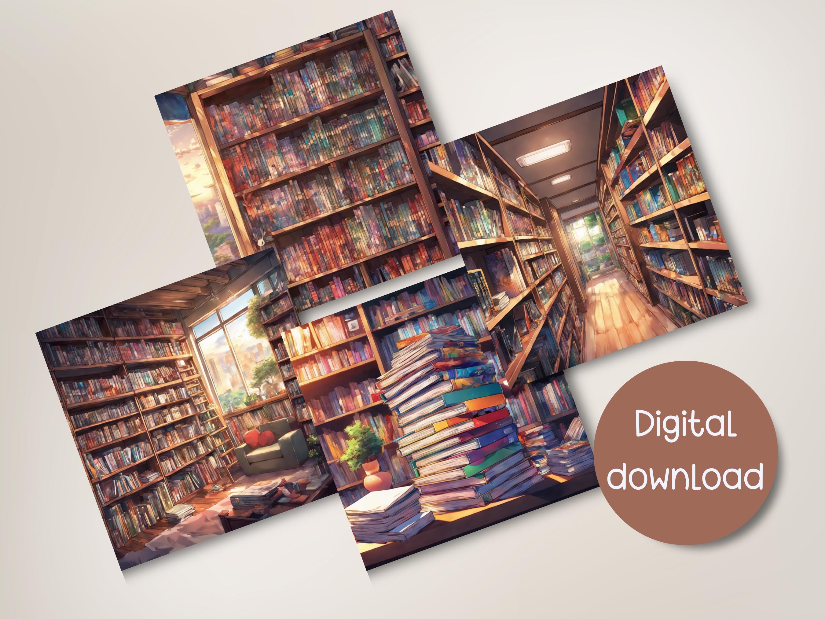 Bookshelves Digital Paper Bookshop Printable Digital Paper Set Library ...