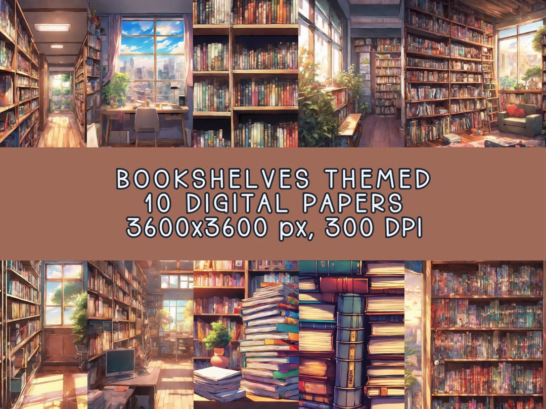 Bookshelves Digital Paper Bookshop Printable Digital Paper Set Library ...