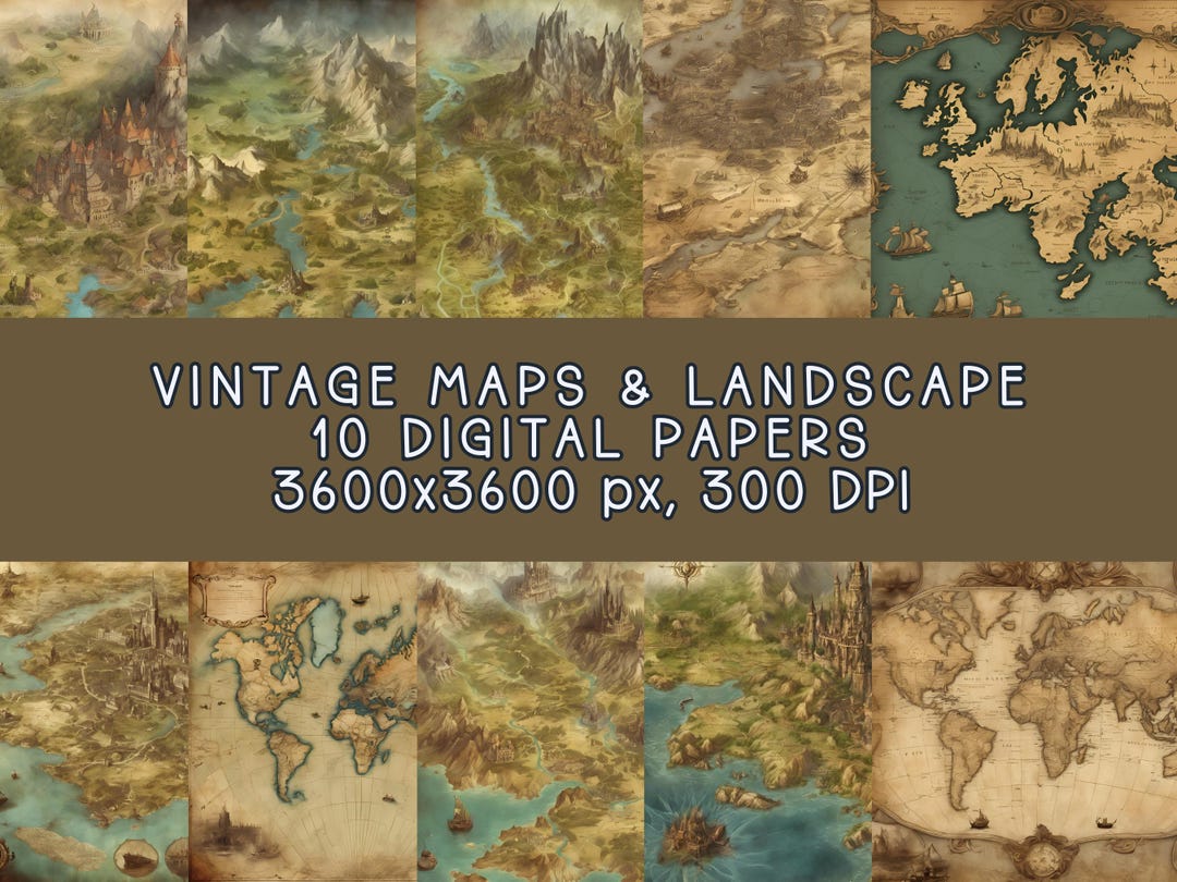 Vintage Maps & Landscape Digital Paper Printable Digital Paper Set Old ...