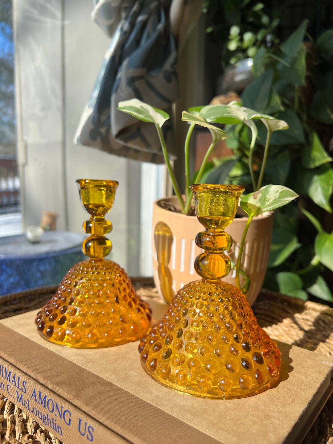Amber Glass Hobnail Candlesticks - Etsy