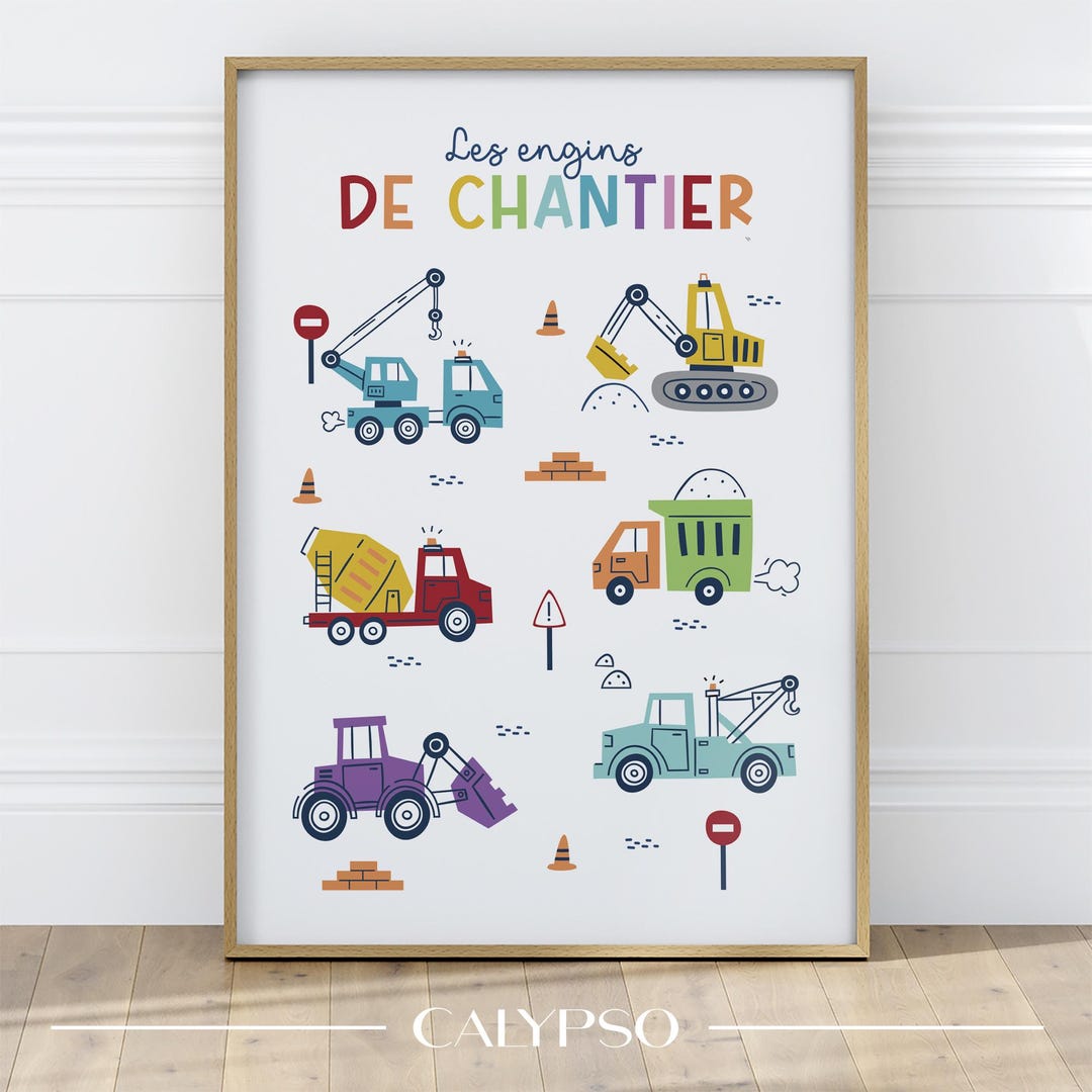Colorful Construction Machinery Poster, Bulldozers, Trucks, Crane ...
