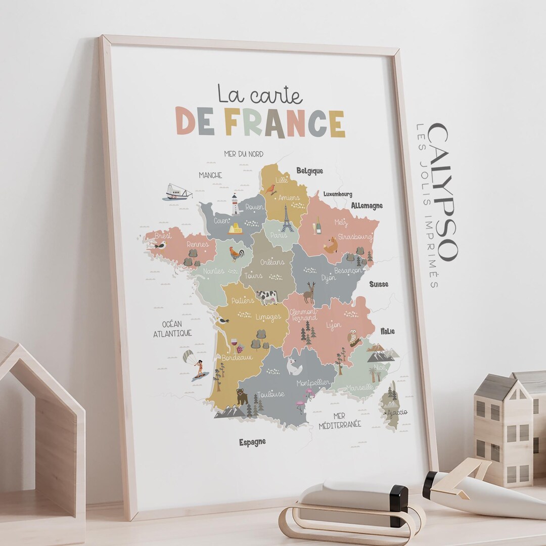 Multicolored France Map Poster for Kids, Main Cities, France Map Poster ...