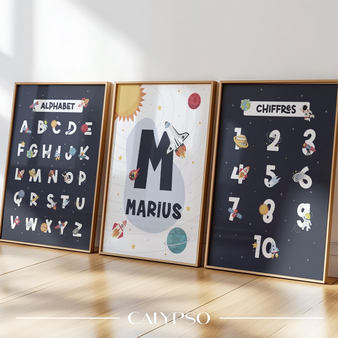 Three Space-themed Alphabet, Number and First Name Posters for Children ...