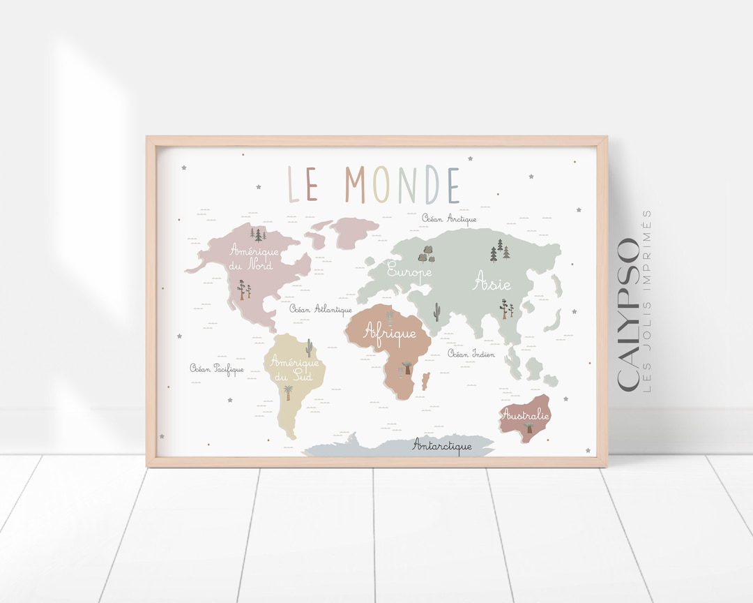 World Map for Children in French, Wall Decoration, Montessori Poster ...
