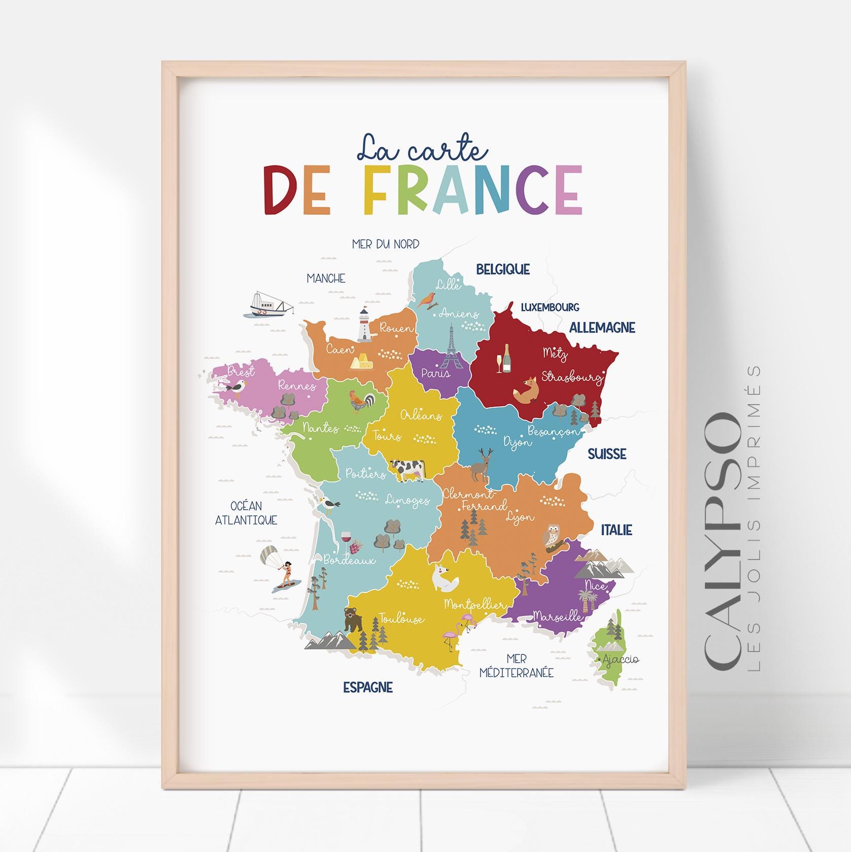 Multicolored France Map Poster for Children - Etsy