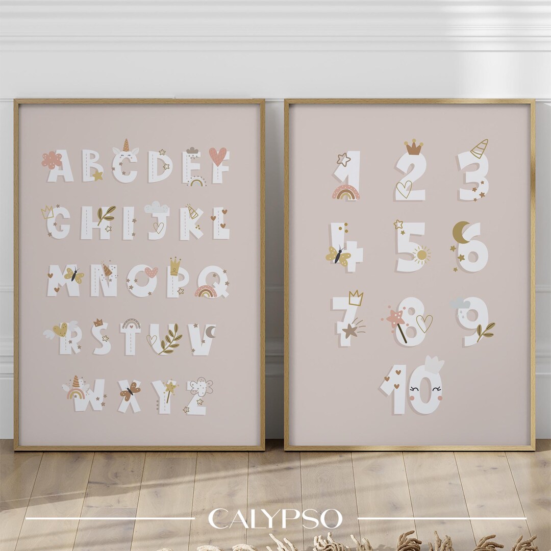 Alphabet and Numbers Posters for Little Girls, Unicorn and Rainbow ...