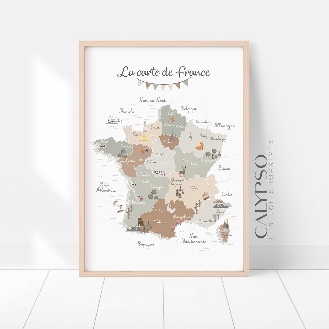 Map of France for Children, Main Cities, Khaki, Beige and Camel Shades ...