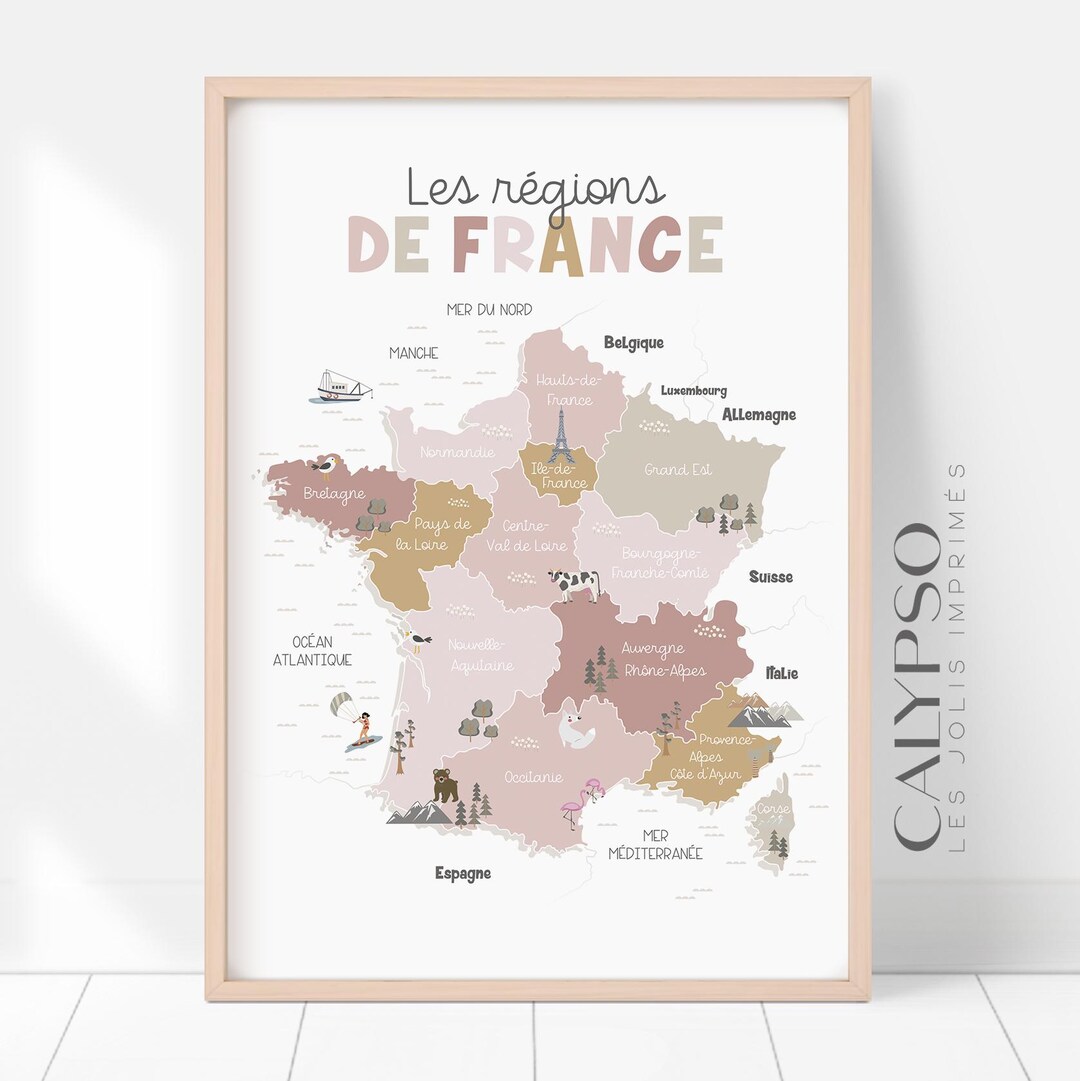 Map of the Regions of France, Classroom or Child's Bedroom Decoration ...