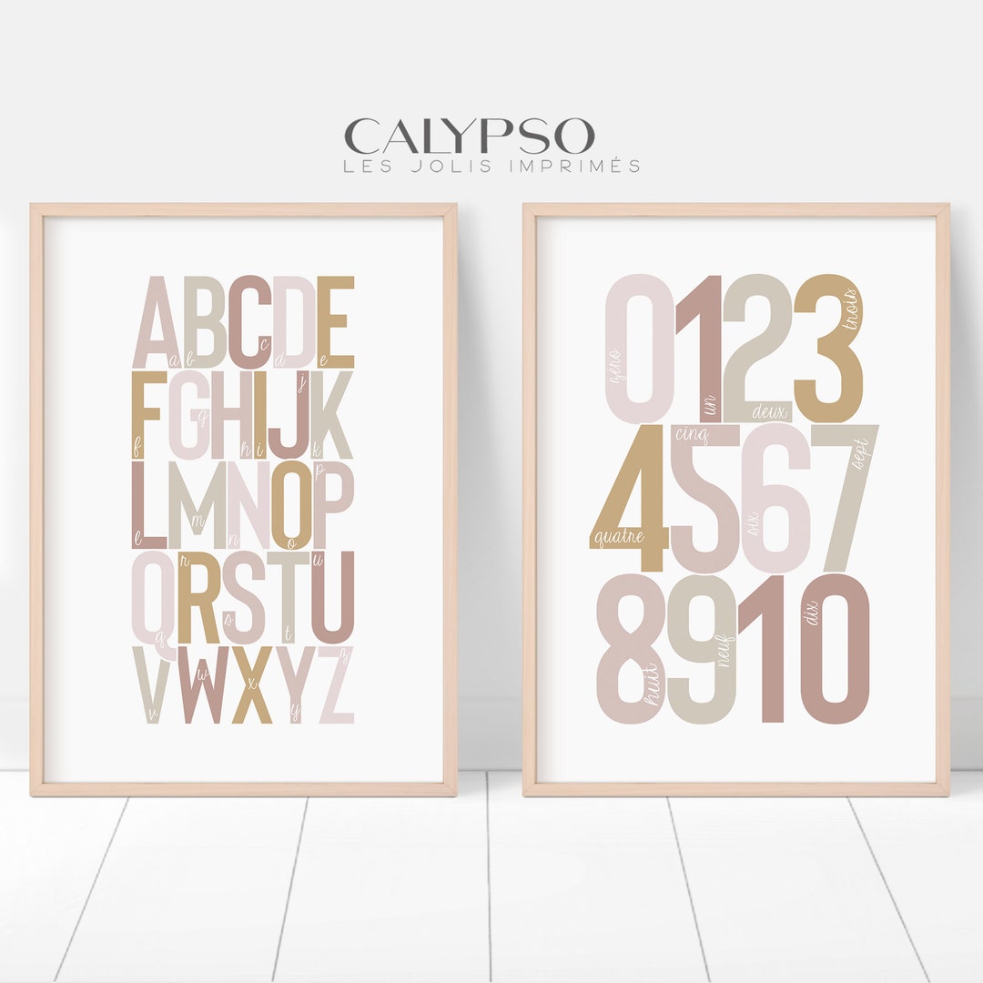 Poster minimaliste abécédaire et chiffres rose, décoration murale pour ...