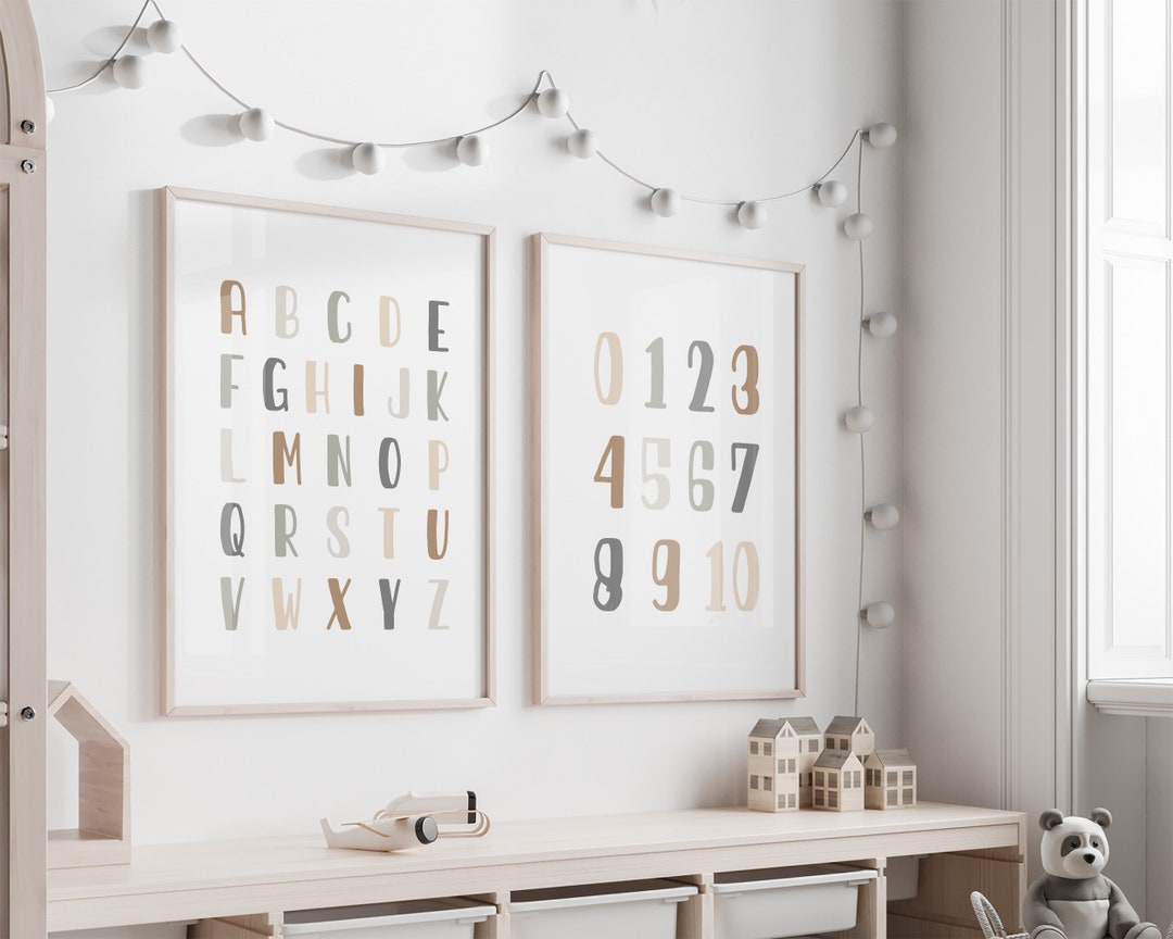 Alphabet and Numbers Posters for Children, Khaki and Beige Wall ...