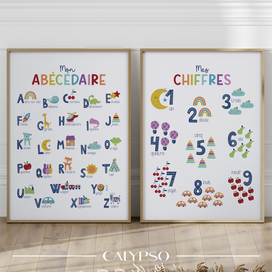 Illustrated Alphabet and Number Prints, Multi-colored Educational ...