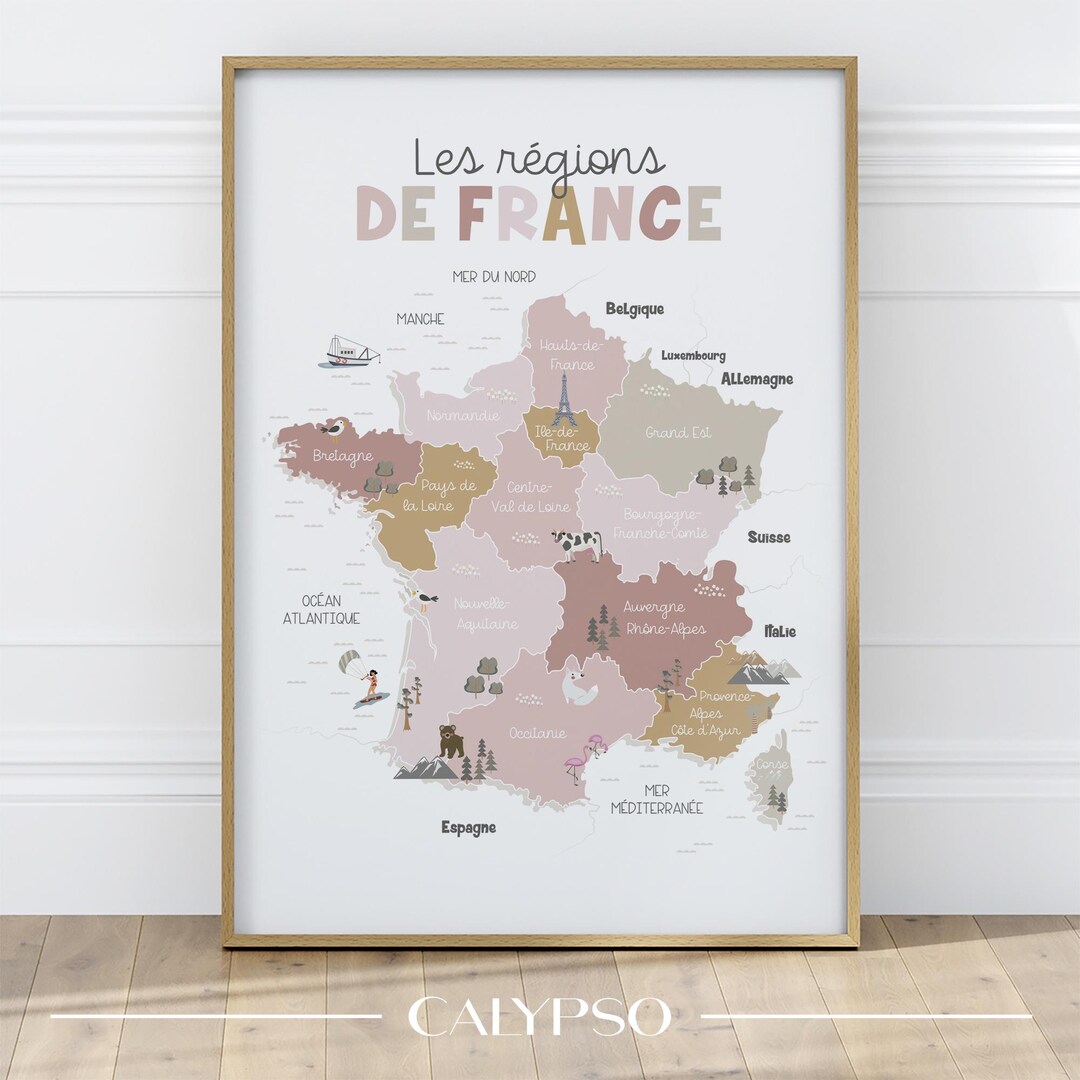 Map of the Regions of France for Children, Classroom or Child's Bedroom ...