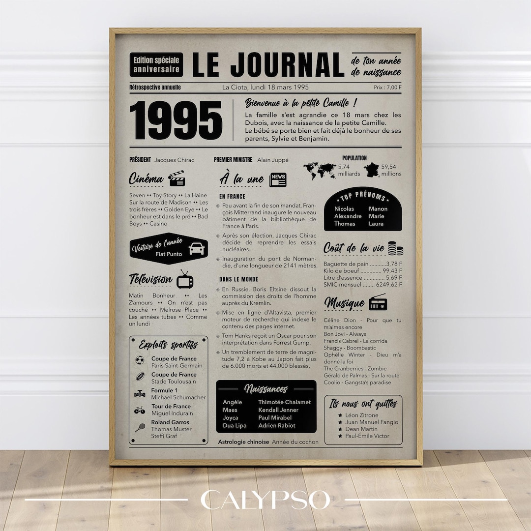 1995 Birth Year Newspaper Poster in France. Personalized 30th Birthday ...