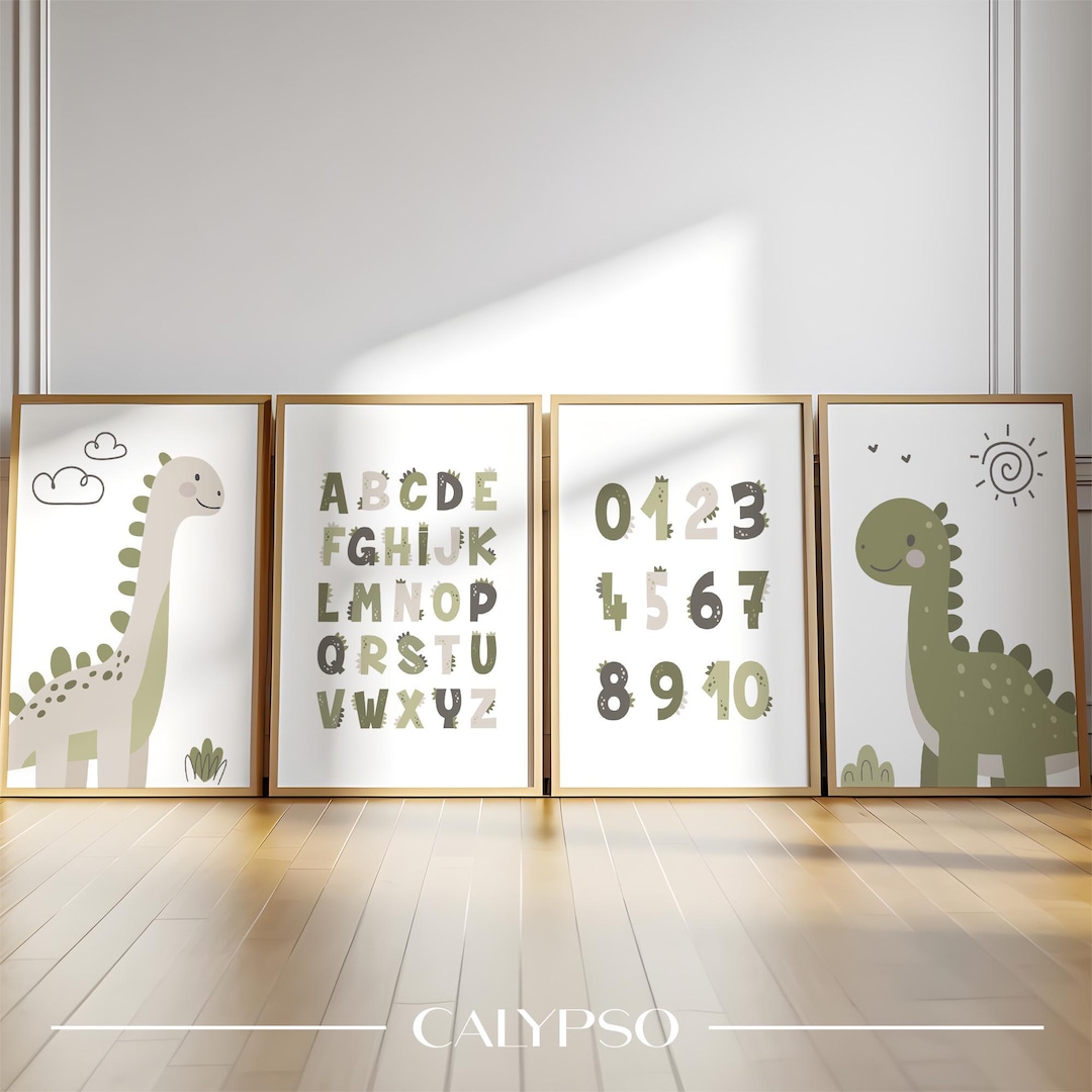 Set of Green Dinosaur Posters, Alphabet Posters and Numbers With a Dino ...